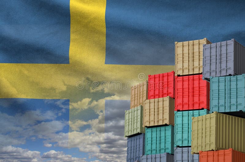 Sweden Flag and Big Stack of Shipping Cargo Containers in Docks with ...