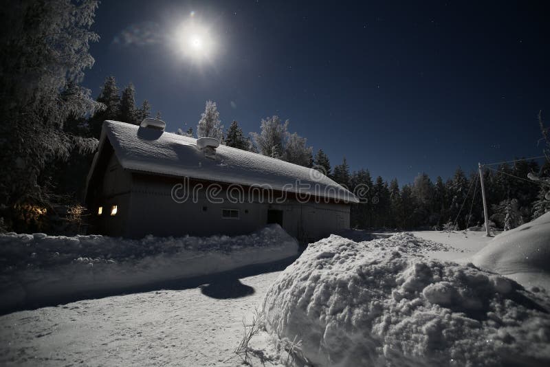 Swedish Barn in Clear Winter Night with Bright Moon Stock Image - Image ...