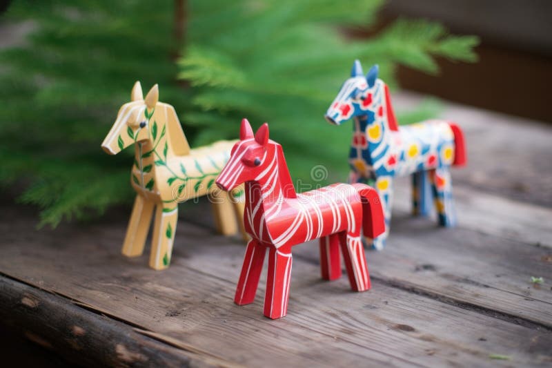 Swedish Dala Horses on a Pine Wood Surface Stock Illustration ...