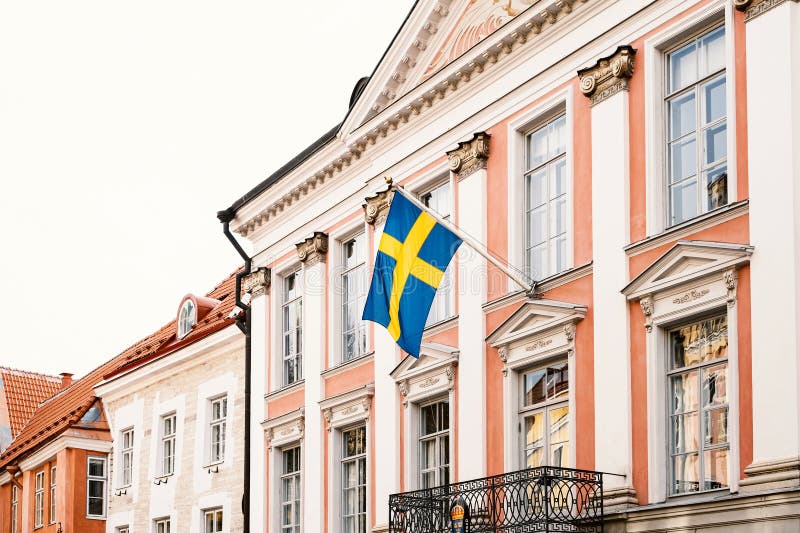 Swedish Flag on the Old Building of the Swedish Embassy in Tallinn. May ...