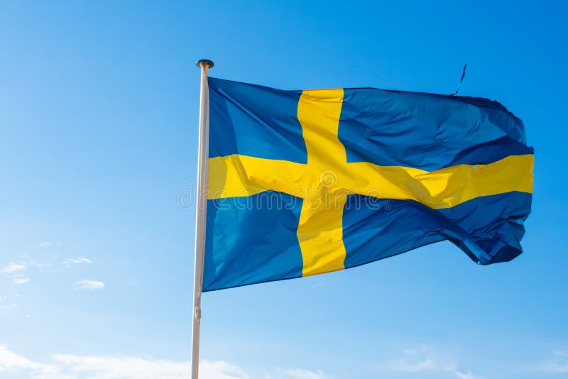 Swedish Flag Waving Against Blue Sky Stock Image - Image of ...