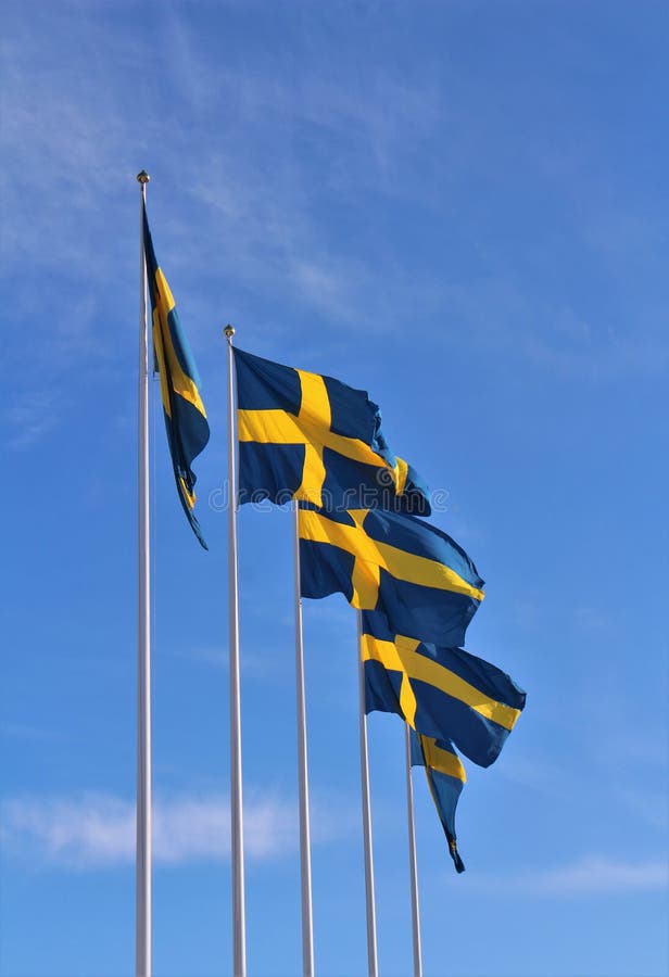 Swedish Flags Against Blue Sky Stock Image - Image of days, banner ...