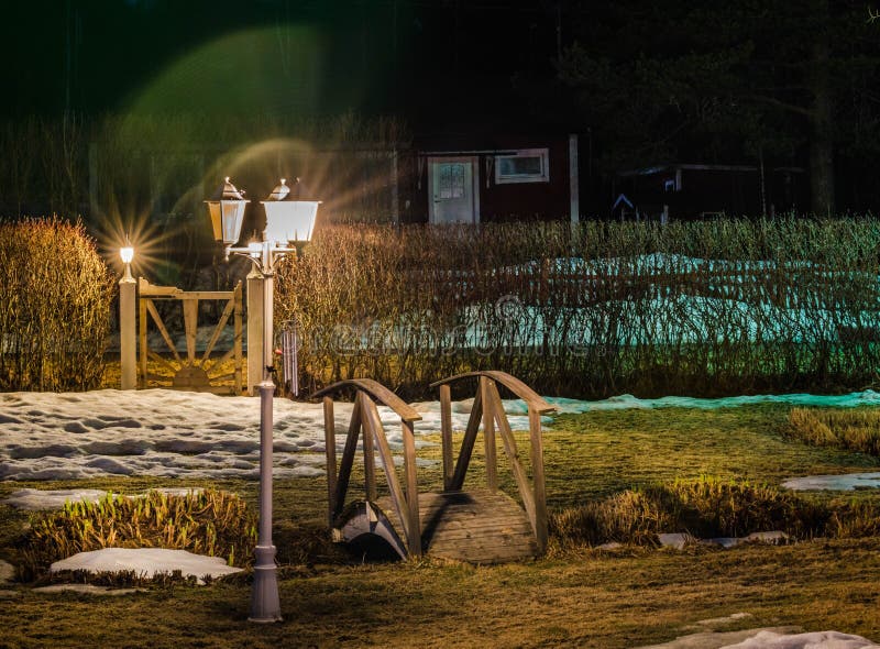 Swedish Garden at Night, Decorative Light Pole, Full Moon and Clouds ...