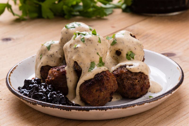 Swedish Meatballs with Blueberry Jam Stock Image - Image of pork, plate ...
