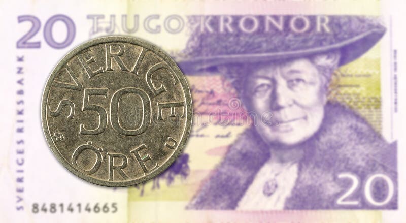 50 Swedish Oere Coin Against 20 Swedish Krona Bank Note Stock Image ...
