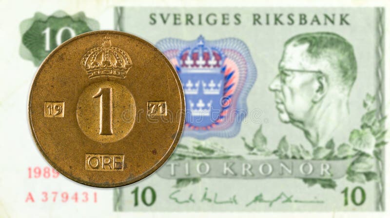 10 Swedish Oere Coin Against 20 Swedish Krona Bank Note Stock Photo ...