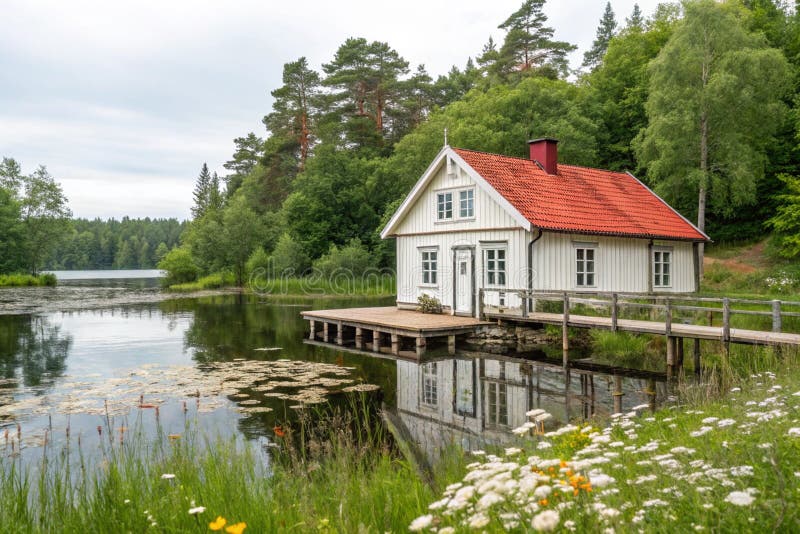 Swedish Summer Cottage by the Lake Stock Illustration - Illustration of ...