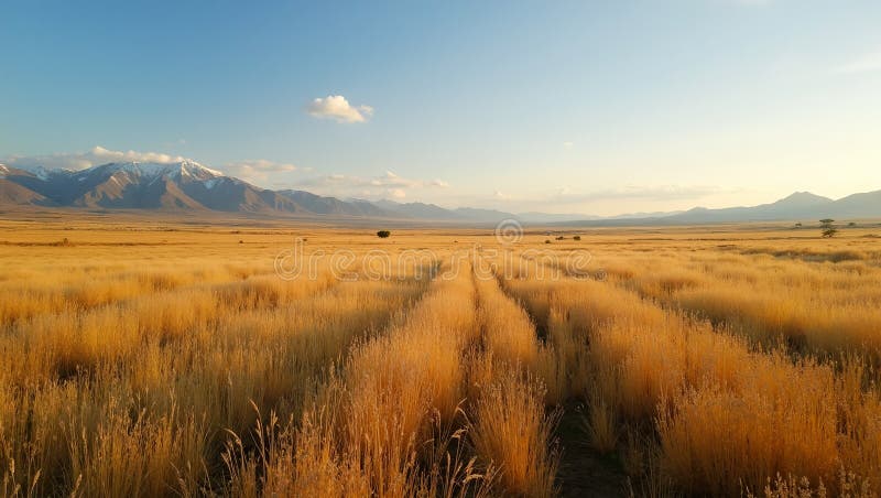 Sweeping Aerial View of Golden Prairie Grasses and Distant Mountains ...