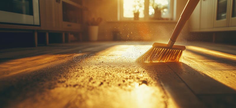 Sweeping Dust from Wooden Floor in Sunlight, Warm Glow, Home Interior ...