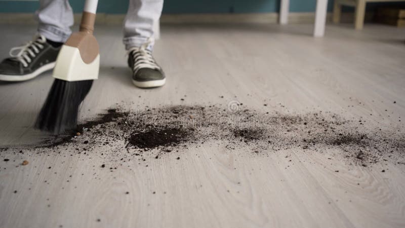 Sweeping Earth from Floor with Plastic Broom, Close Up. Housekeeping ...