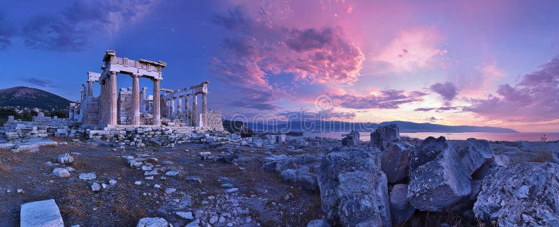 A Sweeping View of Ancient Temple Ruins at Sunset, Showcasing the ...