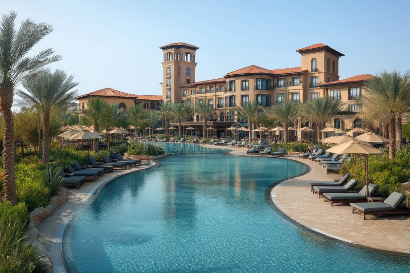 Luxury Resort Swimming Pool and Hotel Building Stock Illustration ...