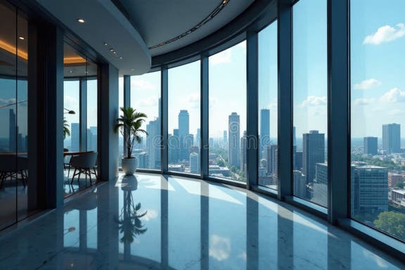 Sweeping View of Modern Skyscraper Office Interior, Angle, Ambition ...