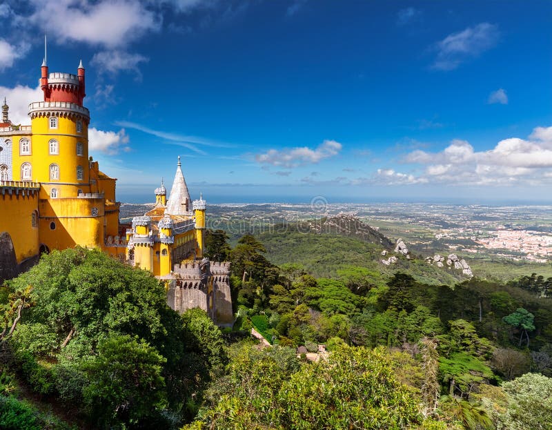 A Sweeping View of Sintra S Pena Palace Surrounded by Lush Greenery ...