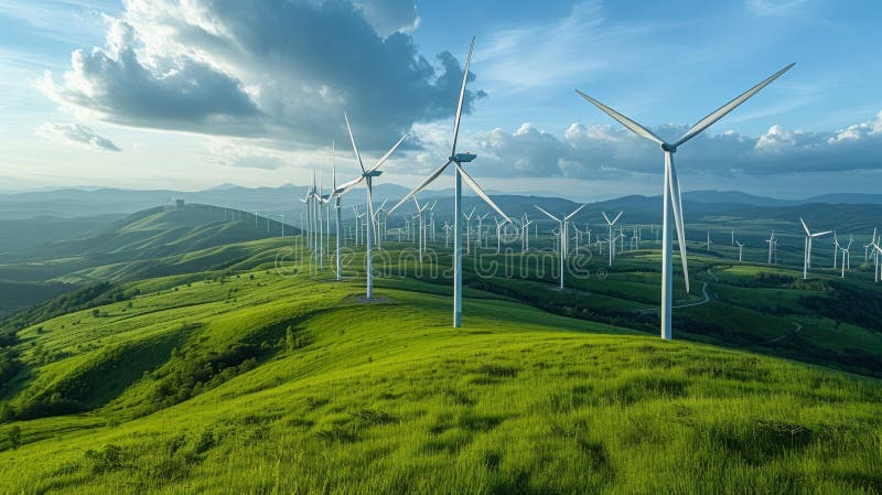 A Sweeping View of a Wind Farm with Towering Turbines Generating ...