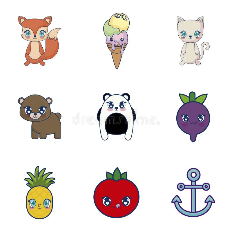 Sweet and Adorable Kawaii Set Characters Stock Vector - Illustration of ...