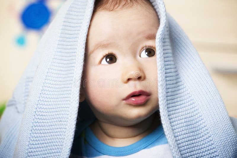 Sweet Baby Boy with Blue Blanket. Stock Image - Image of childhood ...