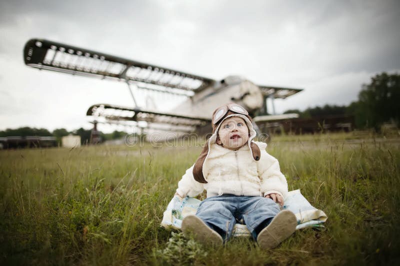 Sweet Baby Dreaming of Being Pilot Stock Image - Image of baby, jacket ...