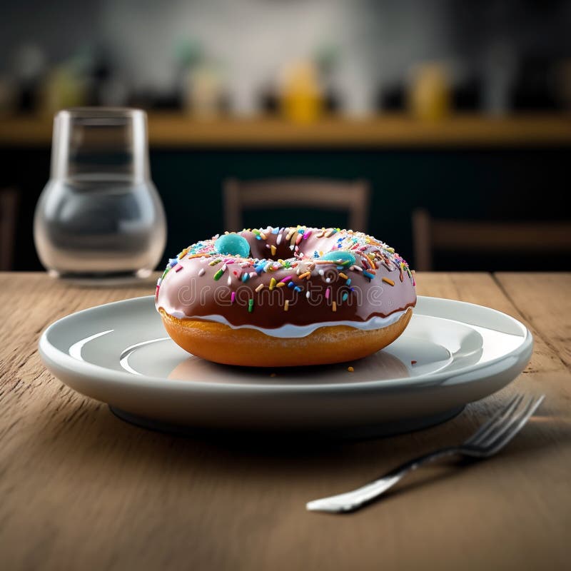 Sweet Baked Donut with Icing and Decorative Sprinkles on Plate on the ...