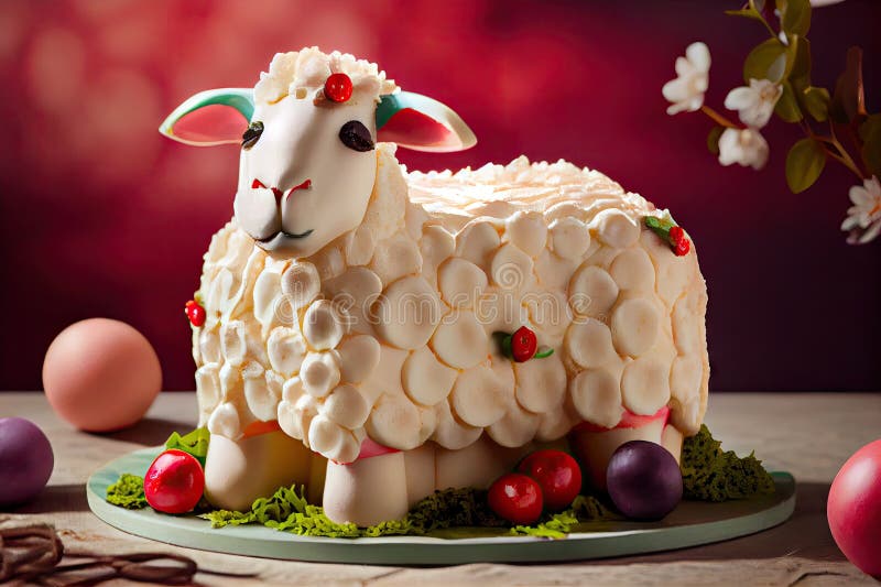 Sweet Baked Easter Lamb Cake with Cherry Decorations on Top Stock ...