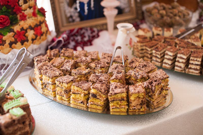 Sweet banquet table stock photo. Image of plate, bakery - 157066330