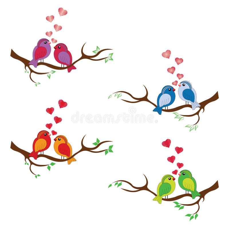 Sweet Birds with Red Hearts on Tree Vector Set Stock Vector ...