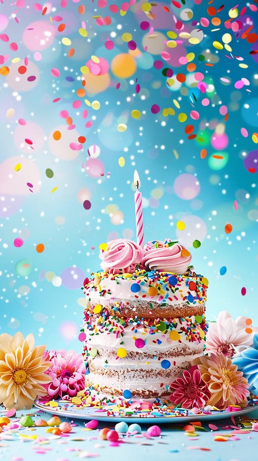 Sweet Birthday Background with Cake and Colorful Confetti Stock Image ...