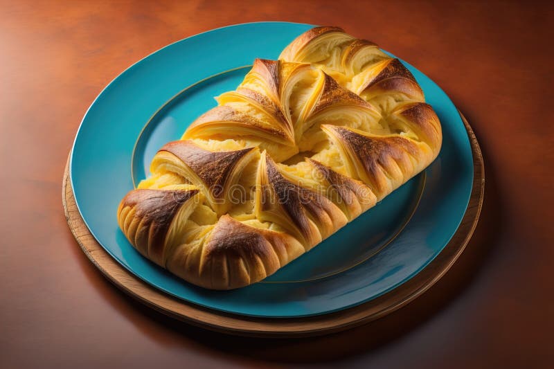 Sweet Braided Yeast Bread on a Blue Plate on a Brown Background ...