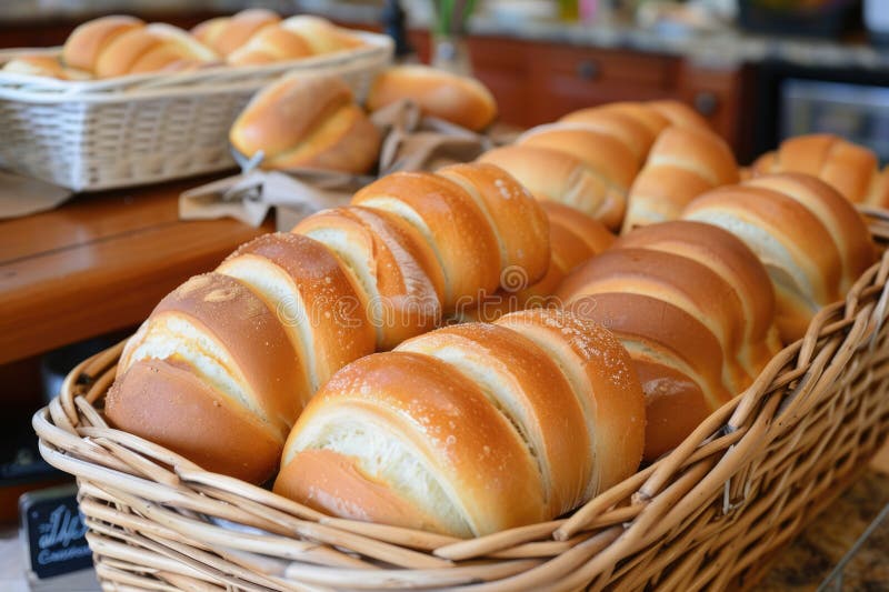 Sweet Bread Buns in Wicker Basket on a Shop Counter in Bakery Stock ...