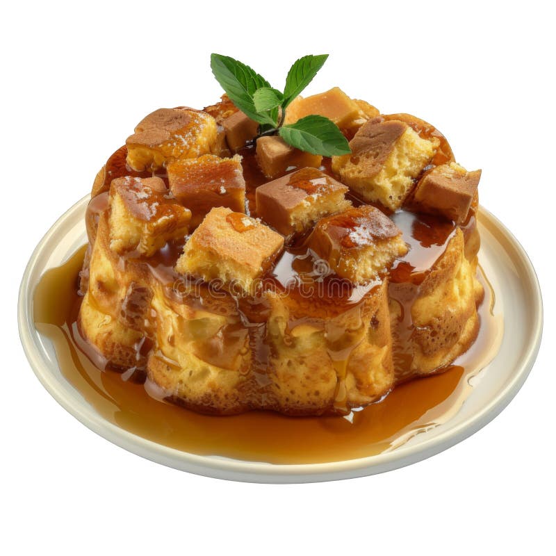 Sweet Bread Pudding with Maple Syrup and Mint Garnish Stock ...