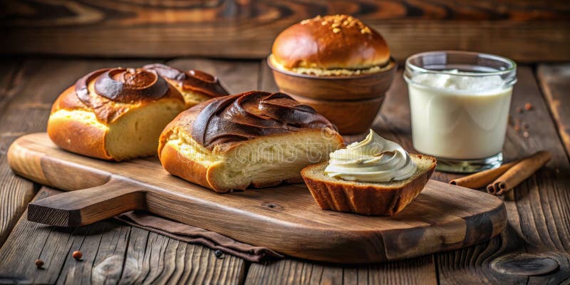 Sweet Breads and Creamy Dairy Delight on Rustic Wooden Board ...