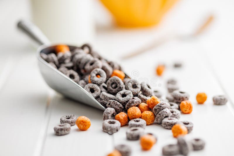 Sweet Breakfast Cereals in Scoop on White Table Stock Image - Image of ...