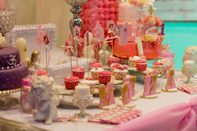 Sweet Buffet on a Pink Table Stock Image - Image of bersday, pink: 84380803