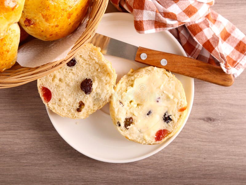 Sweet Bun Half with Raisin and Cherries Stock Photo - Image of sweet ...