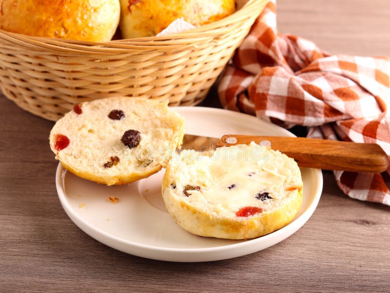 Sweet Bun Half with Raisin and Cherries Stock Photo - Image of dessert ...