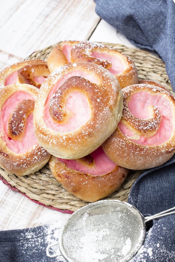 Sweet Buns with Strawberry Cream Stock Photo - Image of portion, cream ...