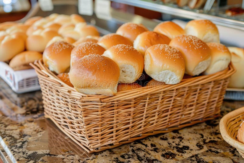 Sweet Buns in Wicker Basket on a Shop Counter in Bakery Stock Photo ...