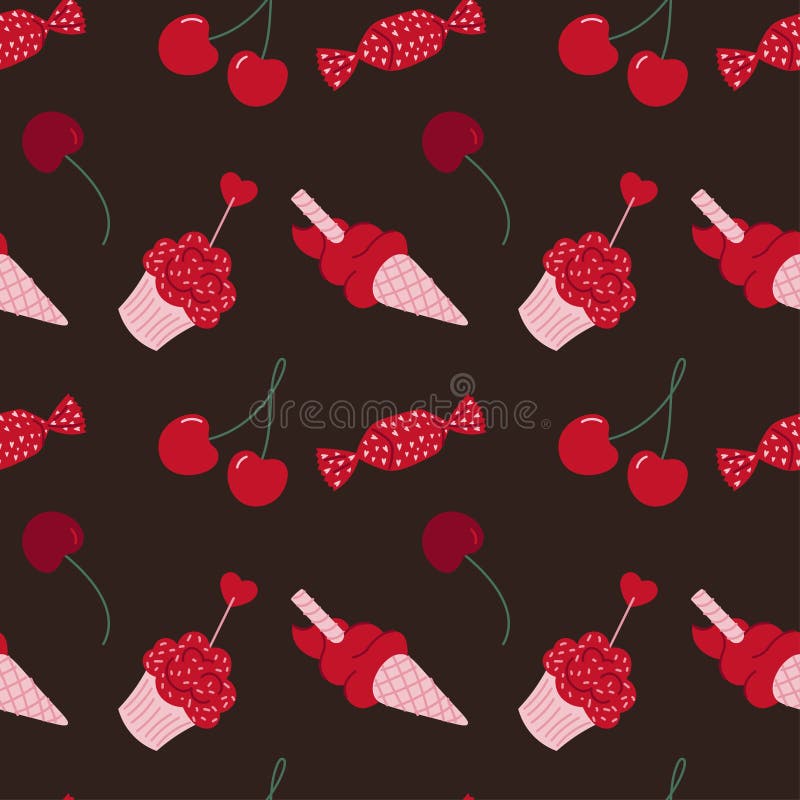 Sweet Cake, Ice Cream, and Cherry Seamless Pattern. Simple Vector ...