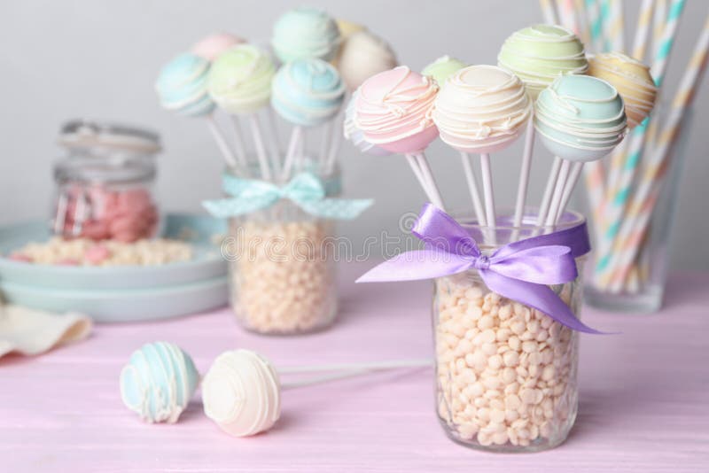 Sweet Cake Pops on Pink Table. Space for Text Stock Photo - Image of ...