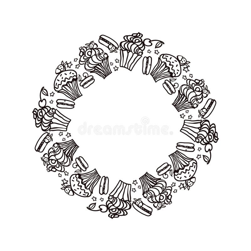 Sweet Cake Vector Circle Frame with Desserts. Macaroon, Muffin, Pudding ...