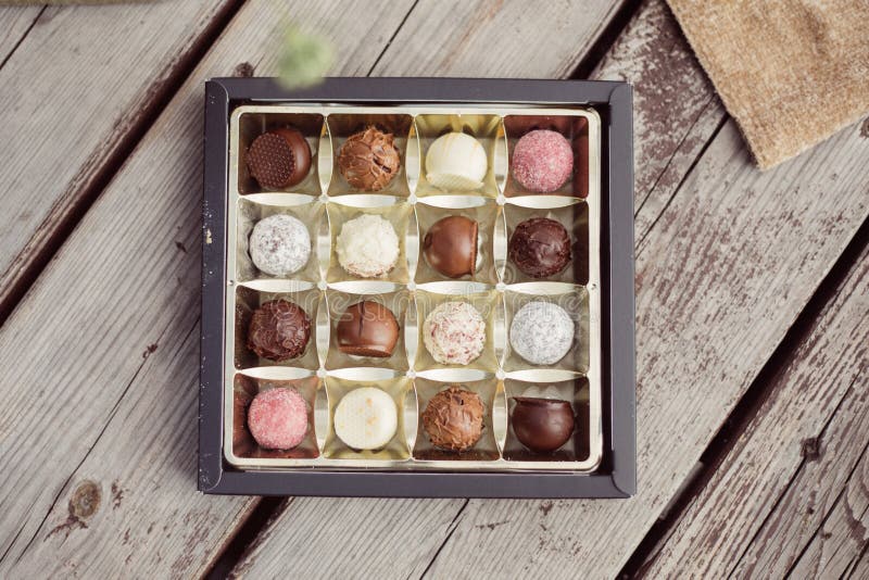 Chocolate in Box on Wooden Background, Sweet, Candy Gift, Top View ...