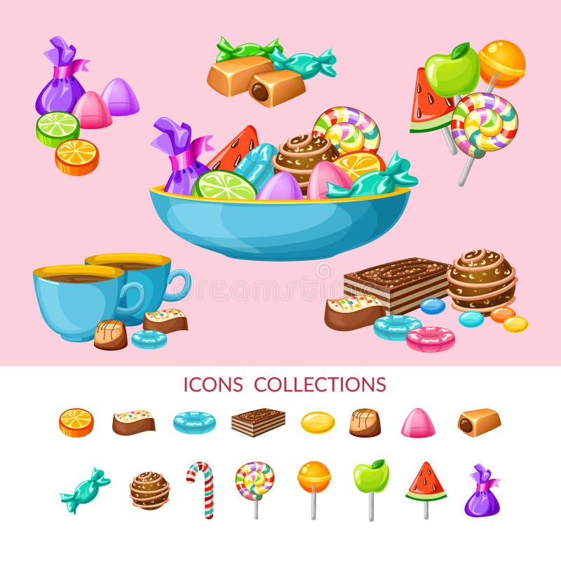 Sweet Candy Icon Set Composition Stock Vector - Illustration of ...