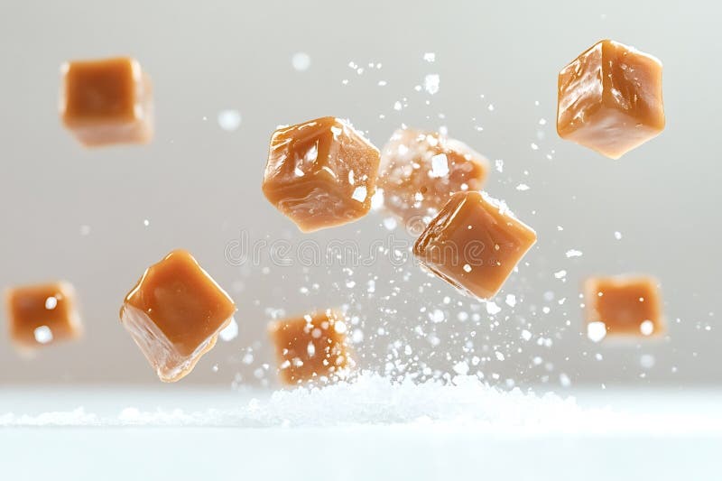 Sweet Caramel Candies Falling with Sugar on Neutral Background Stock ...