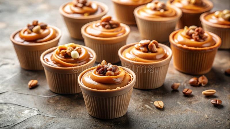 Sweet Caramel Cups Topped with Nuts and Arranged on a Dark Surface ...