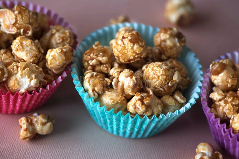 Sweet Caramel Popcorn in a Colorful Cups. Stock Photo - Image of ...