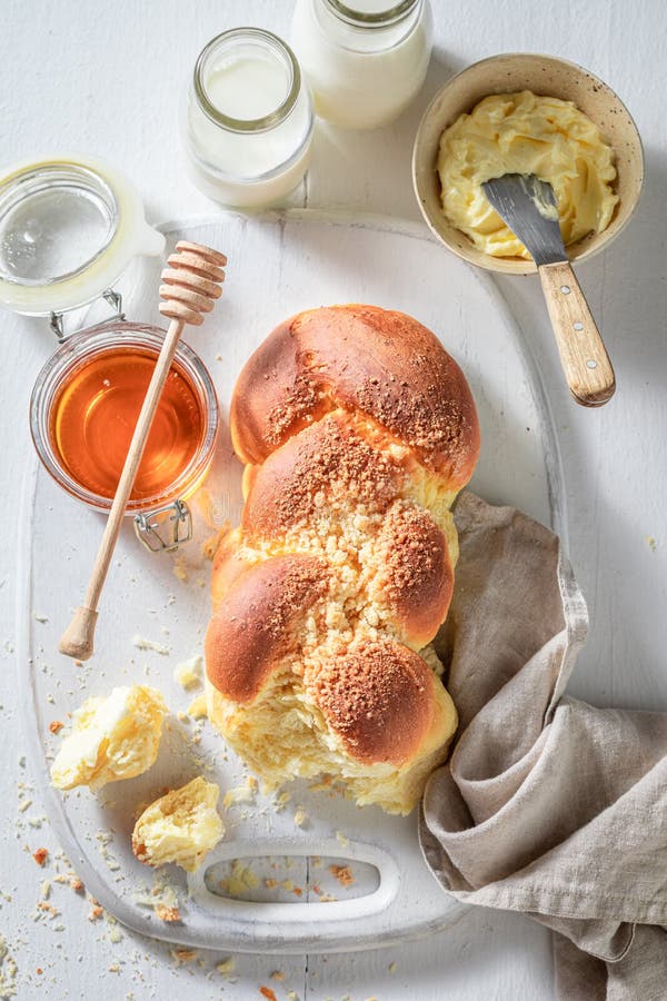Sweet Challah with Honey and Milk for Breakfast Stock Photo - Image of ...