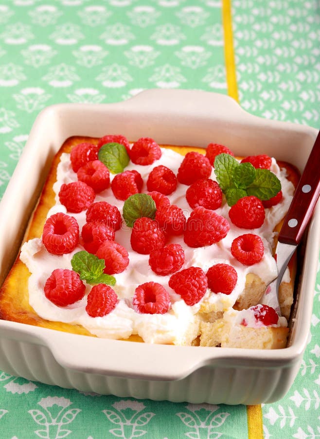 Sweet Cheese Pudding with Sour Cream and Raspberry Stock Photo - Image ...