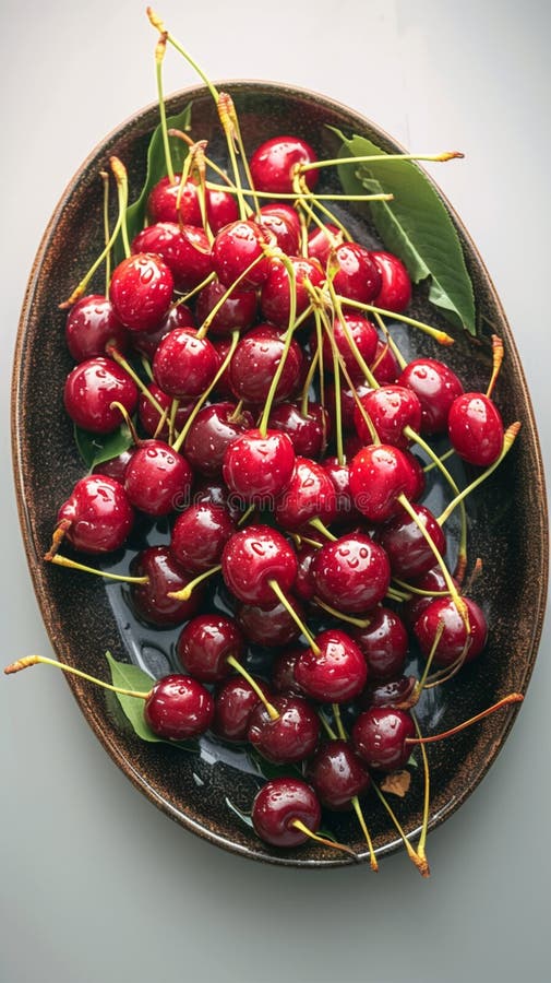 Sweet Cherries on a Plate with Leaves, Adorned in Droplets Stock ...
