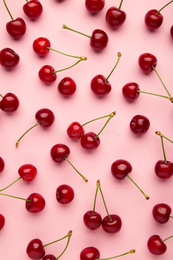 Sweet Cherry on Pink Background. Top View Stock Photo - Image of group ...