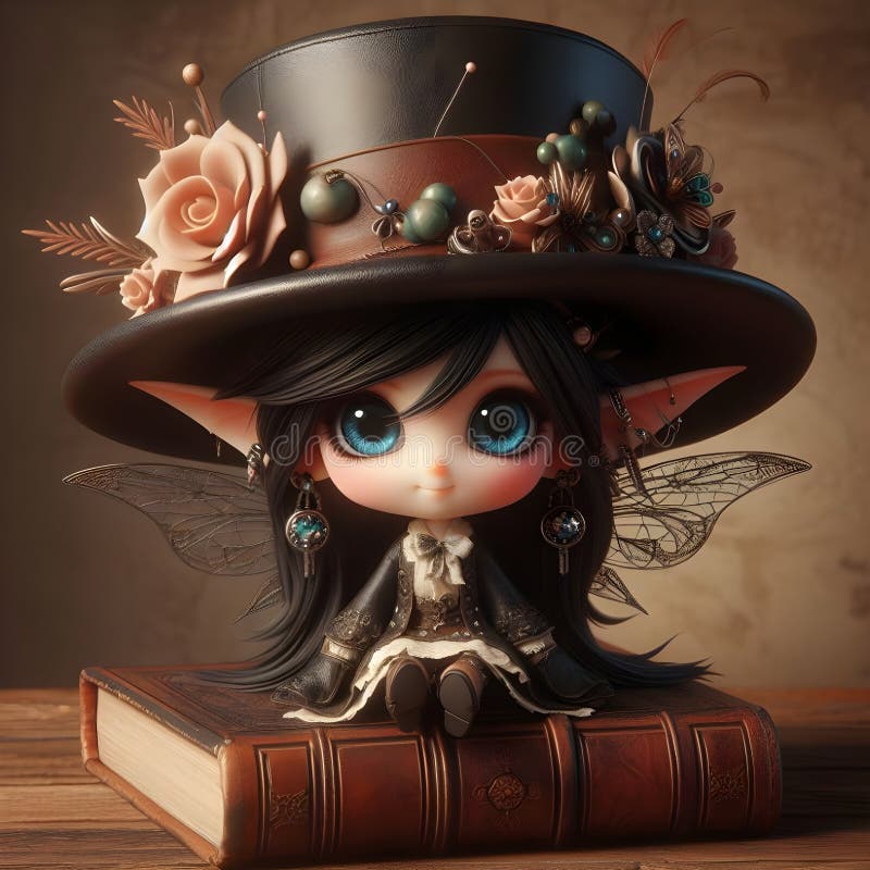 Sweet Chibi Steampunk Style Pixie Sitting on a Leather Book on an Old ...